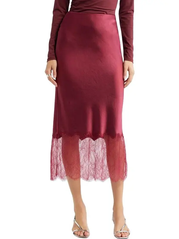 OPEN EDIT Satin Midi Skirt With Lace Trim - Burgundy Beet