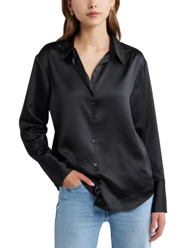 OPEN EDIT Relaxed Fit Satin Button-up Shirt - Black