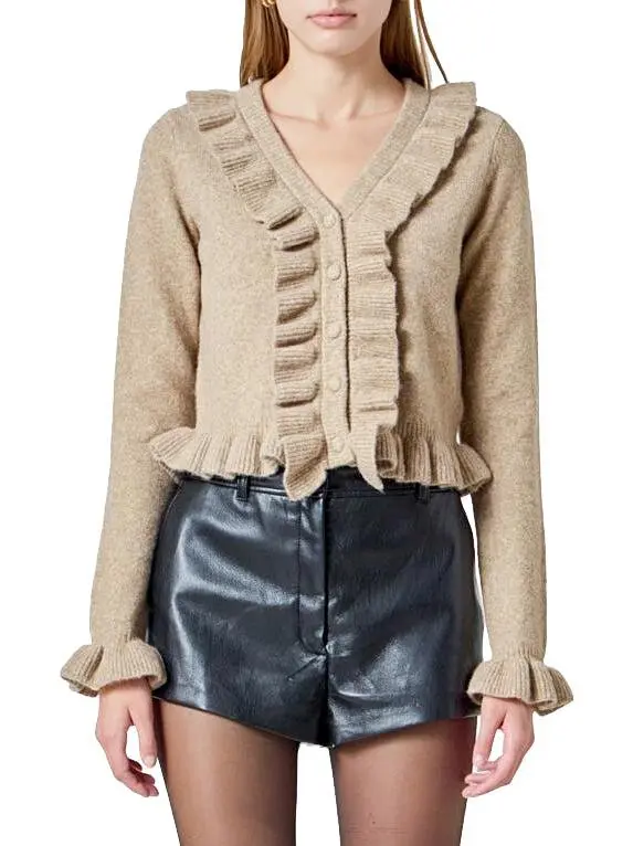 Endless Rose Ruffle Trim Crop Cardigan - Tan