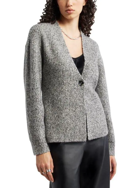 Nordstrom One-button V-neck Ribbed Cardigan - Grey Black Marl