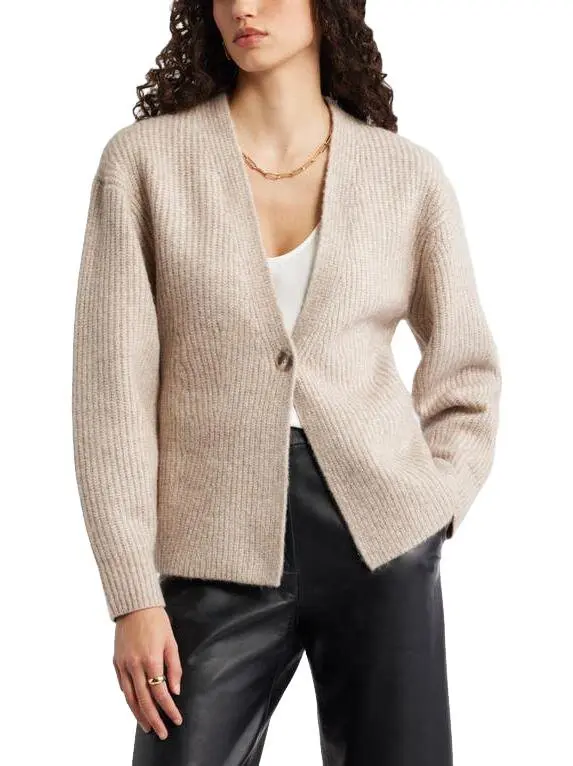 Nordstrom One-button V-neck Ribbed Cardigan - Tan Etherea Heather