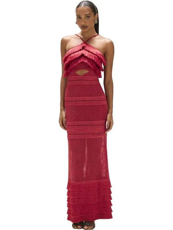 PatBO Radiant Fringe Halterneck Maxi Dress - Dark Red