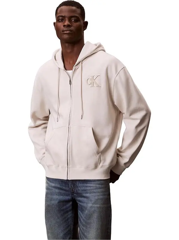 Calvin Klein Fleece Monogram Zip Relaxed Hoodie - Chalk