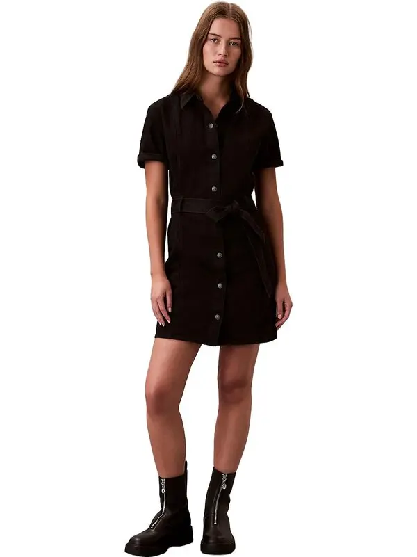 Calvin Klein Denim Belted Mini Dress - Soft Black