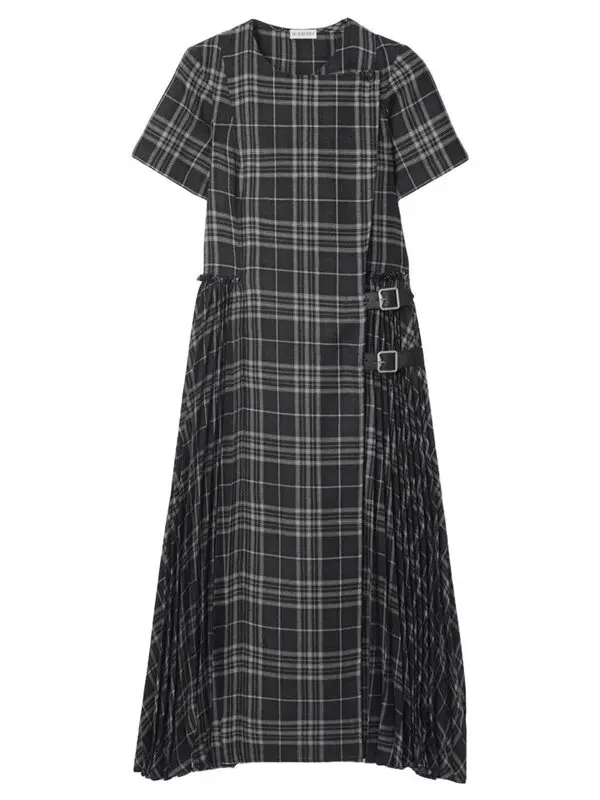 Burberry Check Wool Blend Kilt Dress - Onyx Grey/light Grey