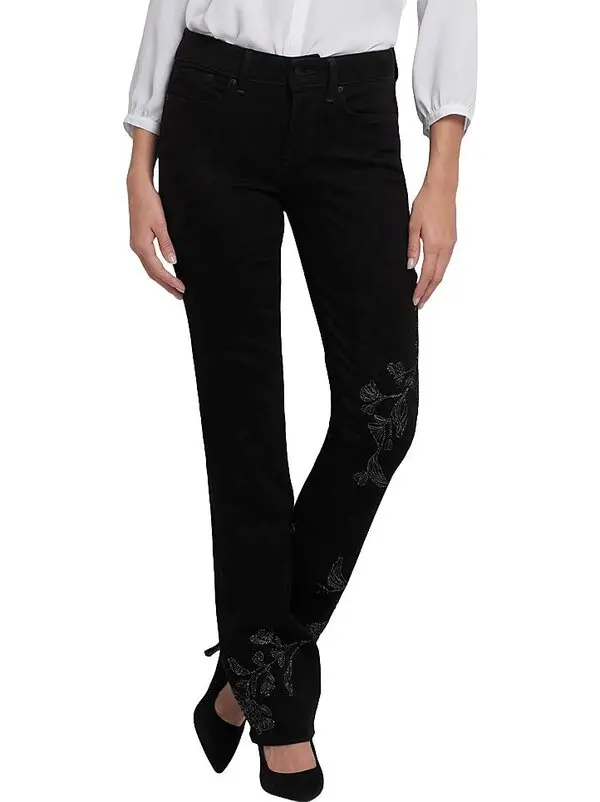 NYDJ Marilyn Embroidered High Rise Straight Jeans - Black Rinse