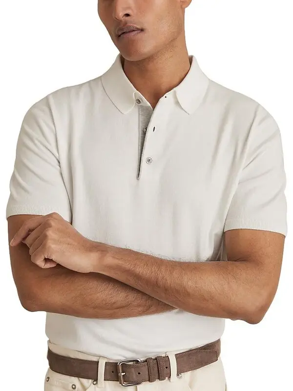 REISS Finch Half Button Cotton Polo Shirt - White