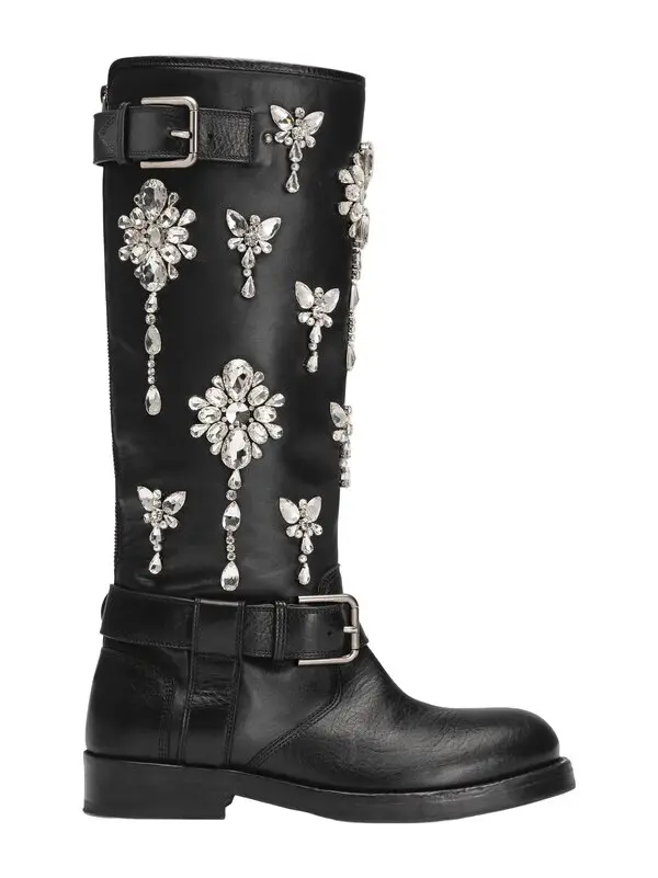 Dolce & Gabbana Horse Leather Boots With Crystal Embroidery - Black
