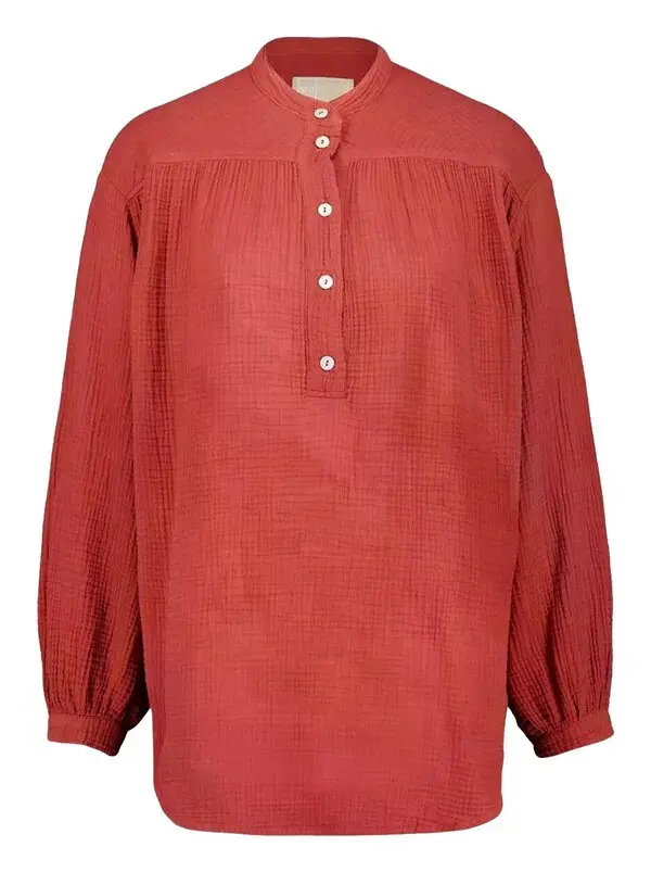 120% Lino Button Long-sleeve Blouse - Red
