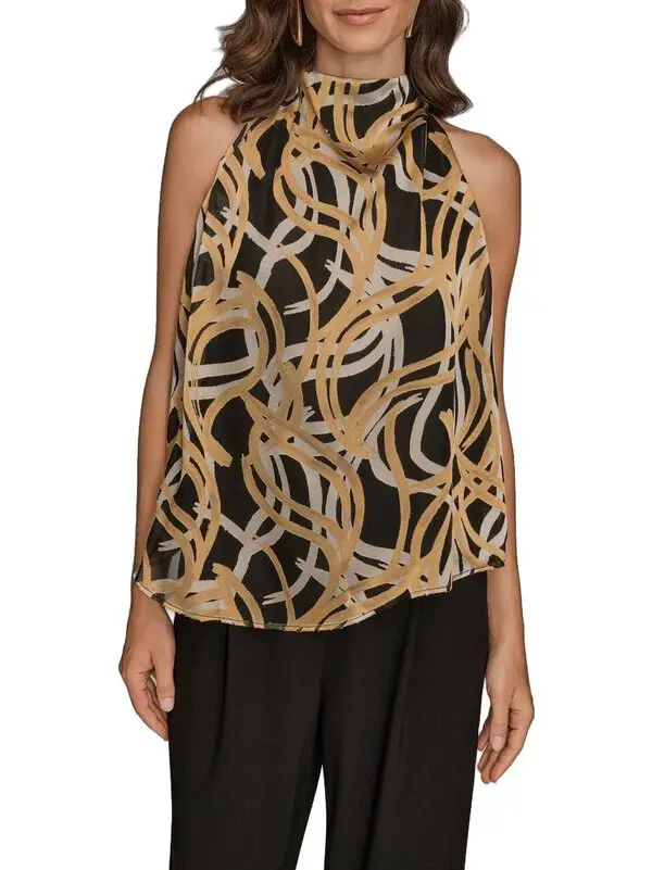Donna Karan New York Cowl Neck Sleeveless Shirt - Black/fawn