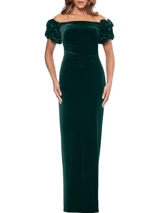 XSCAPE EVENINGS Ruched Off-the-shoulder Gown - Hunter