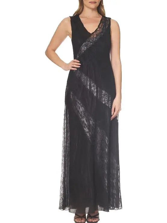 Komarov Lace Inset Chiffon & Charmeuse Gown - Black/true Steel