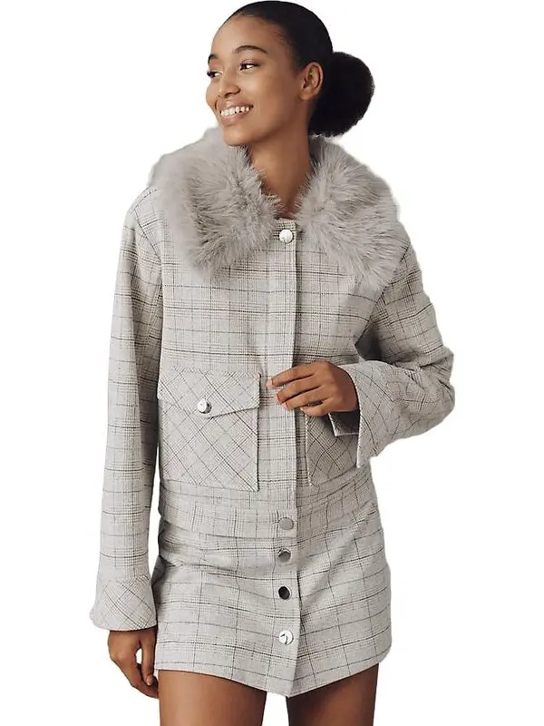 Maeve Faux Fur Collar Plaid Jacket - Grey Plaid