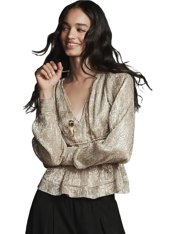 Anthropologie Metallic Smocked Long-sleeve Top - Gold