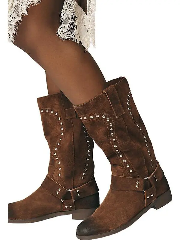BIBI LOU Suede Studded Harness Western Boots - Marron