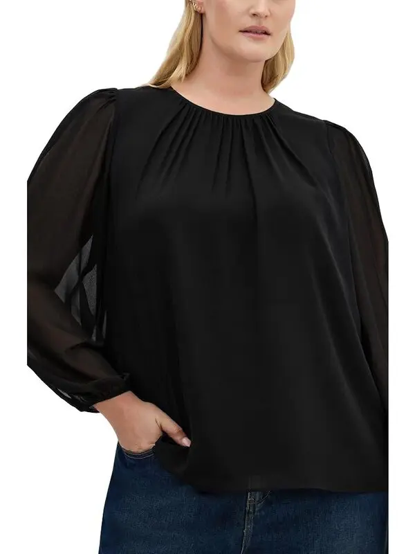 City Chic Kelly Sheer Sleeve Top - Black
