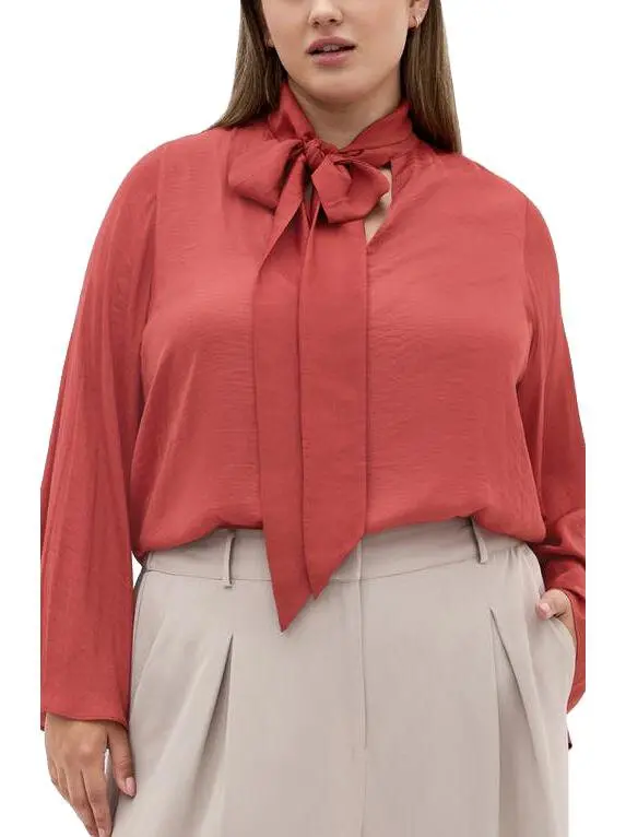 City Chic Mahalia Tie Neck Satin Top - Deep Rose