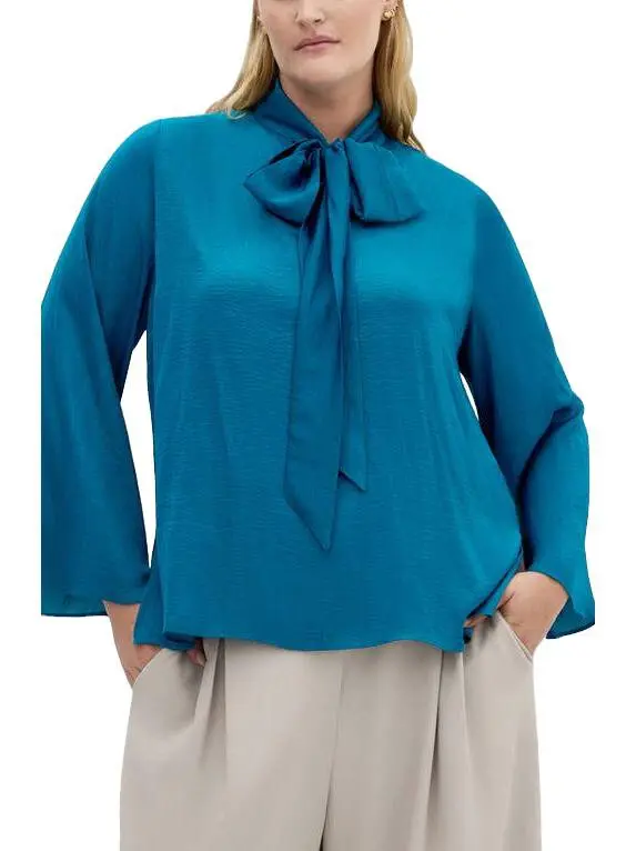 City Chic Mahalia Tie Neck Satin Top - Poseidon