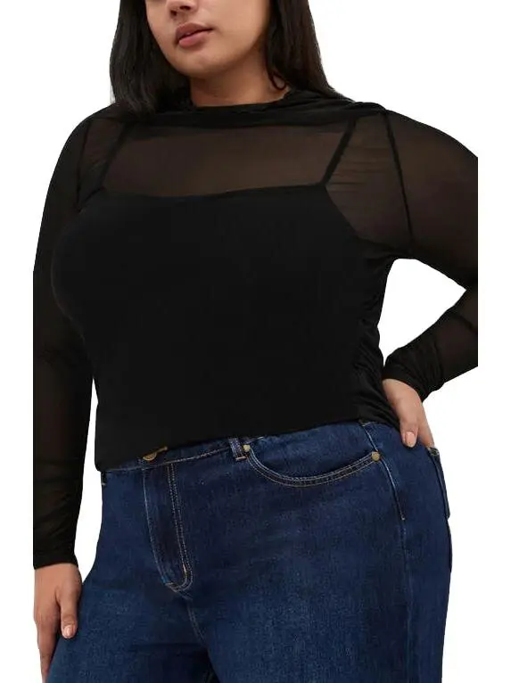 City Chic Sheer Stretch-mesh Top With Camisole Lining - Black