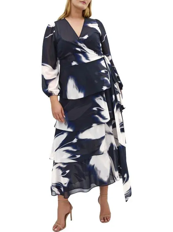 City Chic Floral Print Long Sleeve Wrap Dress - Blurred Fl