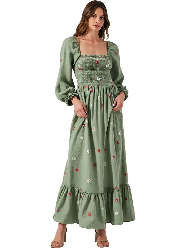 MODENAIRE Embroidered Smocked Tiered Open-back Maxi Dress - Floral
