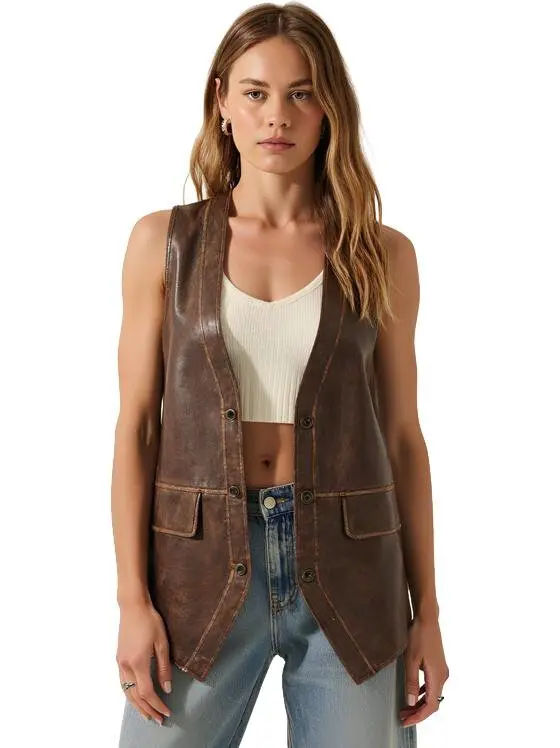 MODENAIRE Faux Leather Vest With Snap Buttons - Brown