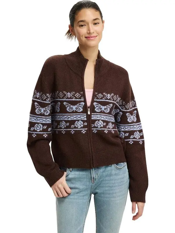 COTTON ON Intarsia Knit Bomber - Butterfly Graphic