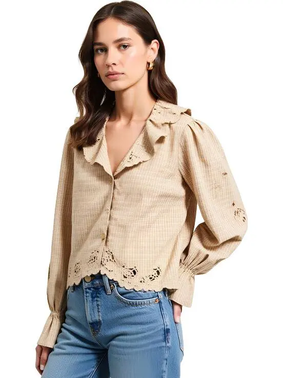 MODENAIRE Embroidered Scallop Trim Ruffle Collar Blouse - Beige