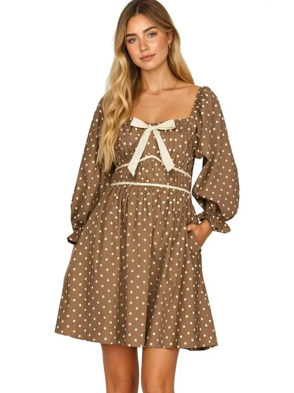 KNIT & LOUNGE Polka Dot Puff Sleeve Mini Dress - Brown/cream Polka Dot