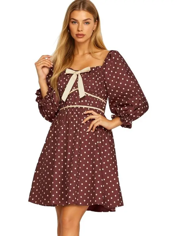 KNIT & LOUNGE Polka Dot Puff Sleeve Mini Dress - Burgundy/cream Polka Dot