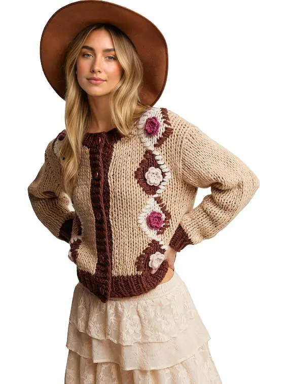 KNIT & LOUNGE Chunky Floral Crochet Knit Cardigan - Brown With Floral Accents