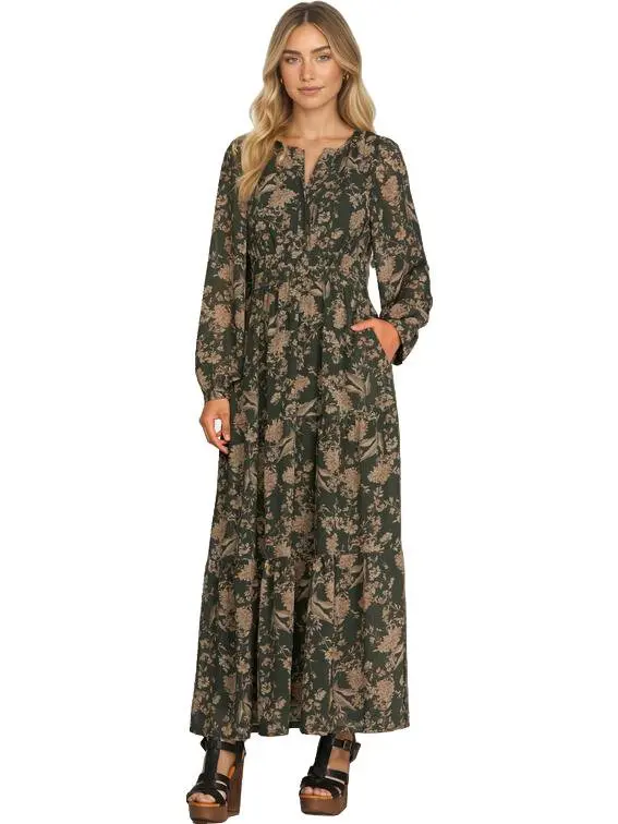 KNIT & LOUNGE Long Sleeve Maxi Dress With Smocked Waist - Dark Green/floral