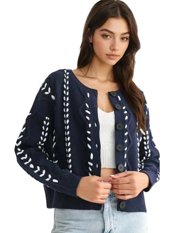 KNIT & LOUNGE Button-front Cardigan With Stitch Detailing - Navy Blue/white