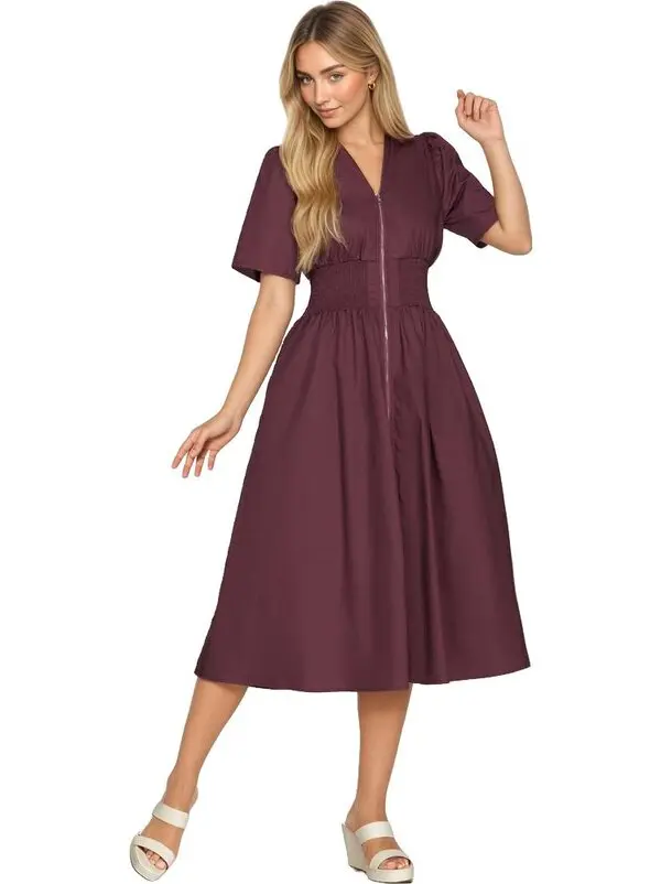 KNIT & LOUNGE Zip-front Smocked Waist Short Sleeve Midi Dress - Burgundy