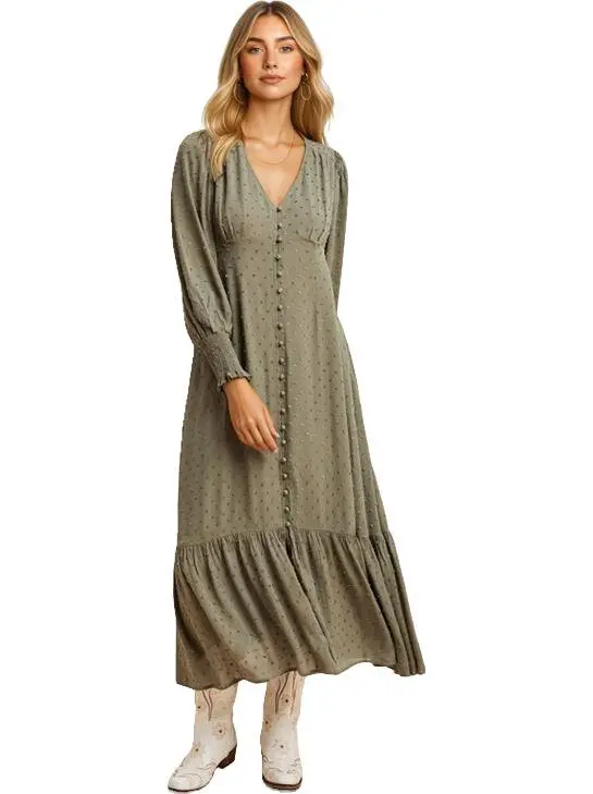 KNIT & LOUNGE Button-front Puff Sleeve Maxi Dress - Olive Green
