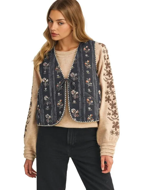 KNIT & LOUNGE Embroidered Tie-front Vest With Floral Detailing - Dark Blue/floral
