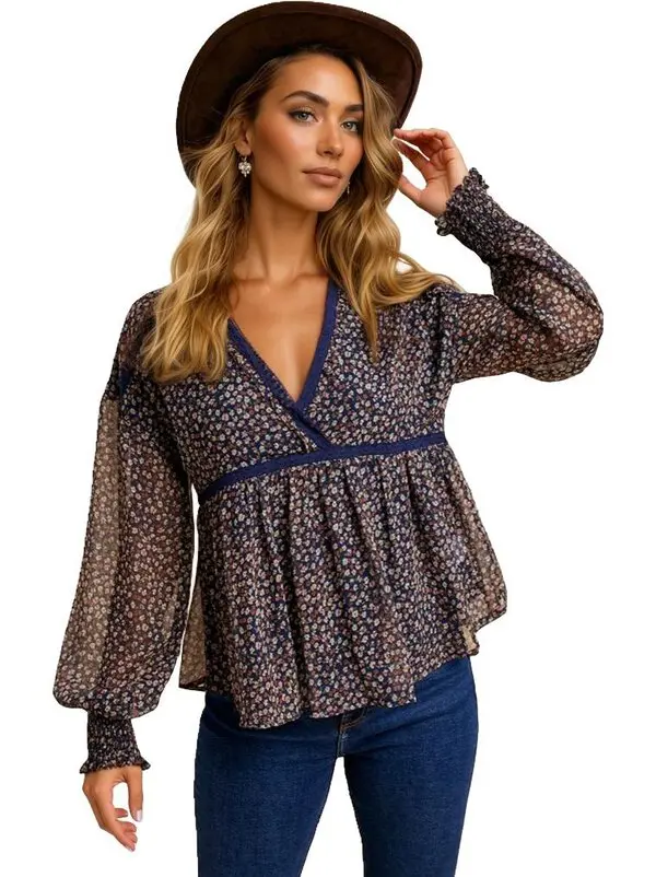 KNIT & LOUNGE Sheer Floral Long Sleeve Blouse With Smocked Cuffs - Navy Floral