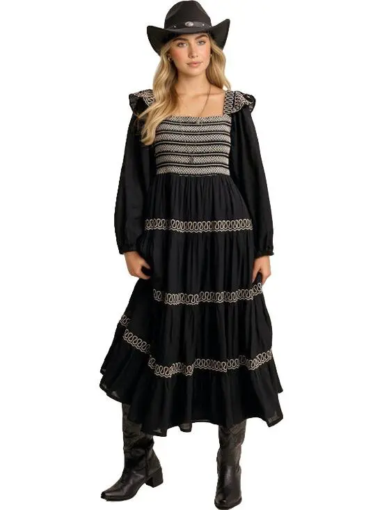 KNIT & LOUNGE Smocked Bodice Tiered Maxi Dress With Embroidered Trim - Black