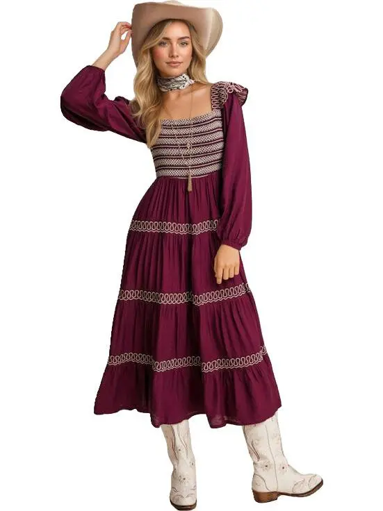 KNIT & LOUNGE Smocked Bodice Tiered Maxi Dress With Embroidered Trim - Burgundy