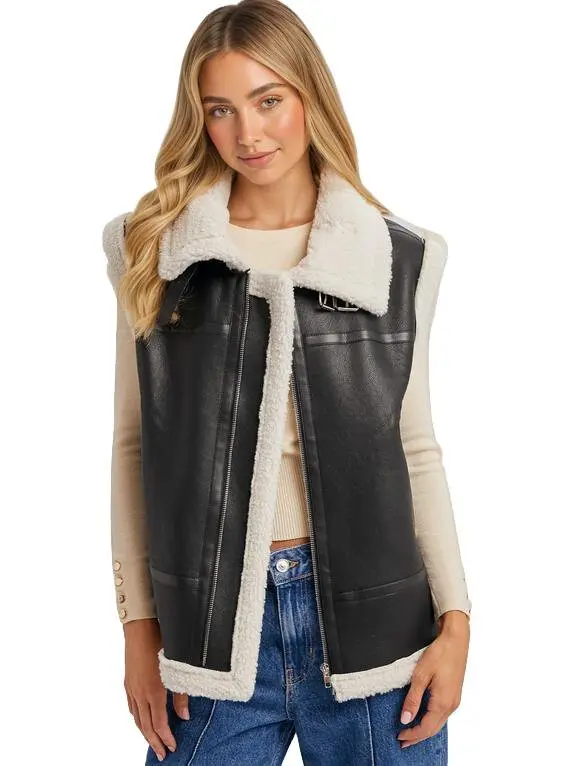 KNIT & LOUNGE Faux Leather Shearling Vest - Black