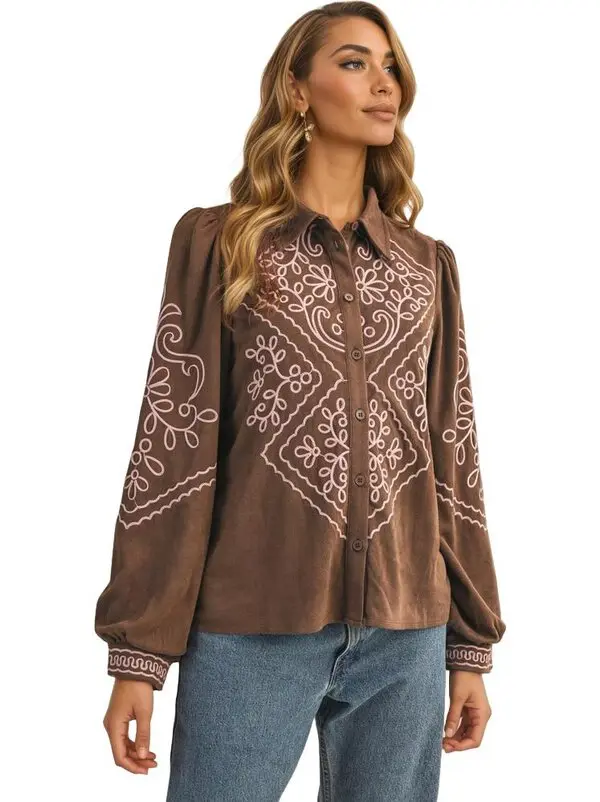 KNIT & LOUNGE Button-up Blouse With Floral Embroidery - Brown/pink Embroidery