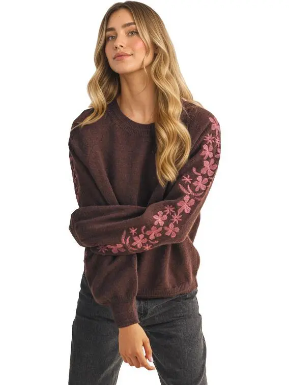 KNIT & LOUNGE Floral Embroidered Sleeve Sweater - Burgundy