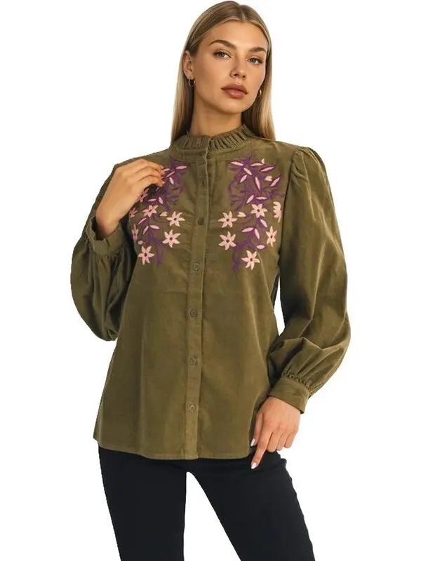 KNIT & LOUNGE Embroidered Floral Button Front Blouse - Olive Green /floral