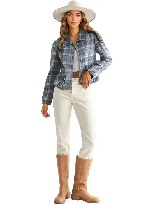 KNIT & LOUNGE Plaid Cropped Jacket With Pockets - Blue/grey Plaid