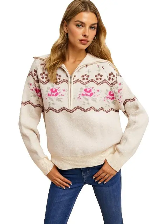 KNIT & LOUNGE Floral Fair Isle Half-zip Sweater - Off-white Floral