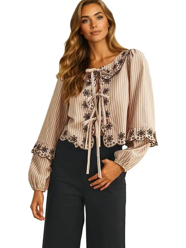 KNIT & LOUNGE Striped Tie-front Blouse With Floral Embroidery - Taupe/black Embroidery