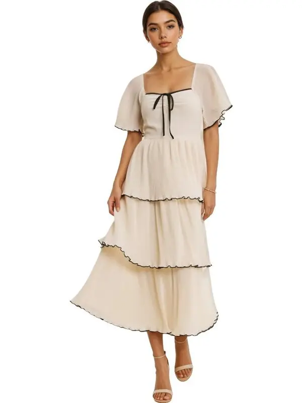 KNIT & LOUNGE Tiered Flutter Sleeve Tie Front Midi Dress - Ivory/black Trim