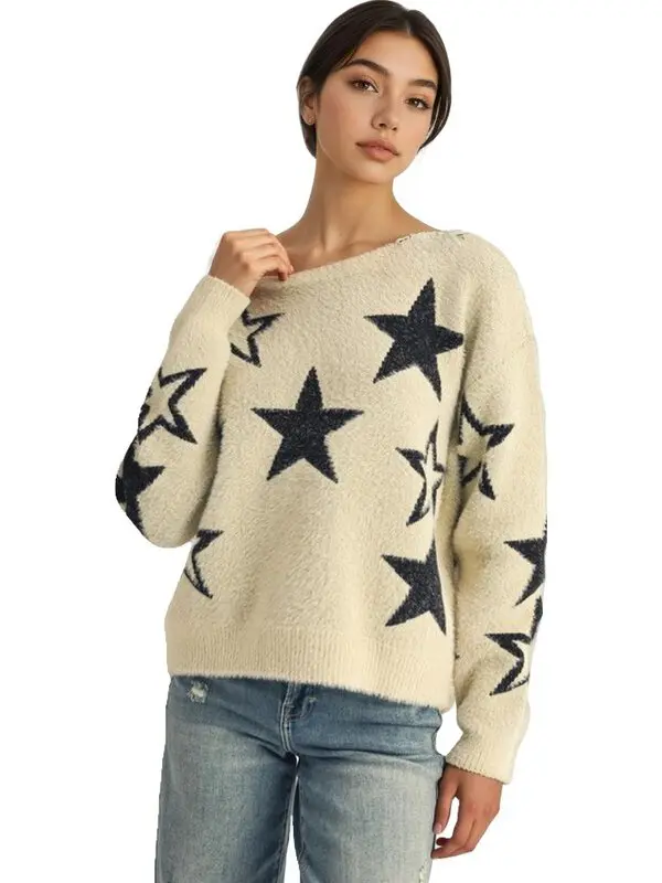 KNIT & LOUNGE Relaxed Fit Star Pattern Sweater - Beige