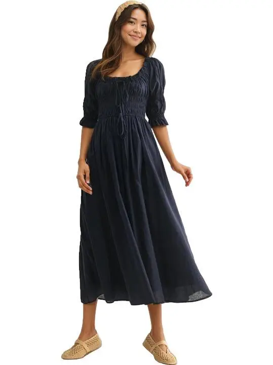 KNIT & LOUNGE Smocked Bodice Puff Sleeve Maxi Dress - Dark Blue