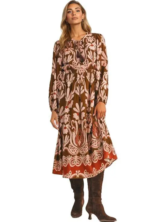 KNIT & LOUNGE Long Sleeve Midi Dress With Tie Neck And Printed Pattern - Brown
